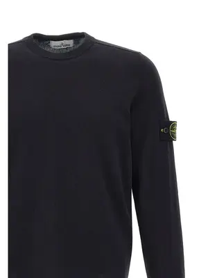 Stone Island Logo Patch Crew Neck Knitted Sweater - Blue