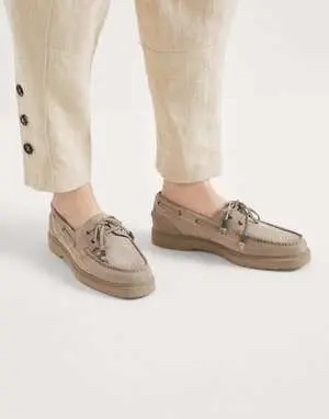 Brunello Cucinelli Suede Monili Chain Slip-on Boat Shoes - Light Gray
