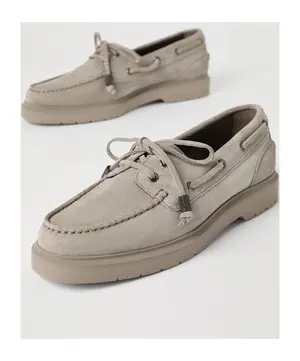 Brunello Cucinelli Suede Monili Chain Slip-on Boat Shoes - Light Gray
