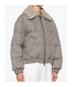 Brunello Cucinelli Quilted Herringbone Zip-up Jacket With Shearling Collar - Gray