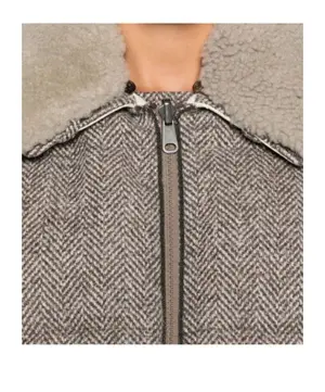 Brunello Cucinelli Quilted Herringbone Zip-up Jacket With Shearling Collar - Gray