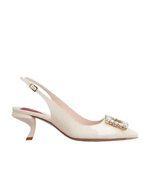 ROGER VIVIER Virgule Strass Buckle Slingback Pumps In Patent Leather - Cream