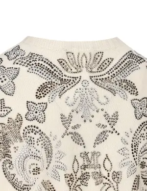 Max Mara Freshly Cut Wool Cashmere Round Neck Sweater With Rhinestones