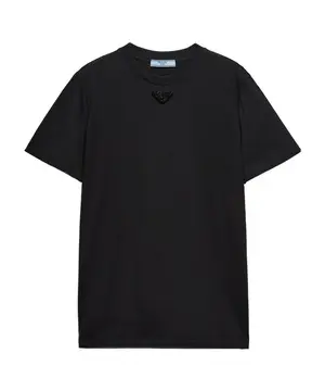 Prada Jersey T-shirt With Embroidered Triangle Detail - Black