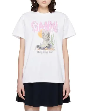 GANNI Western Boot Printed Crewneck T-shirt - White