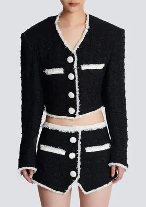 Balmain Cropped Tweed Jacket With Contrasting Trim