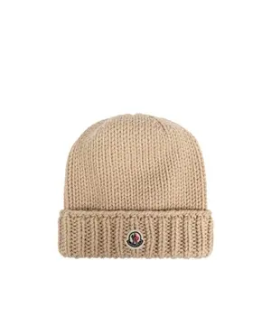 Moncler Logo Patch Ribbed Beanie - Beige