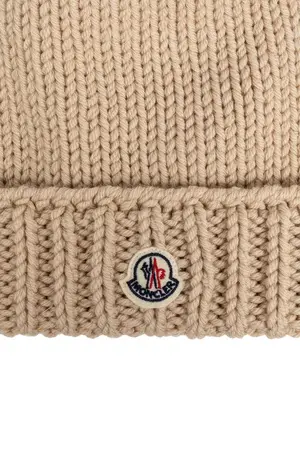 Moncler Logo Patch Ribbed Beanie - Beige