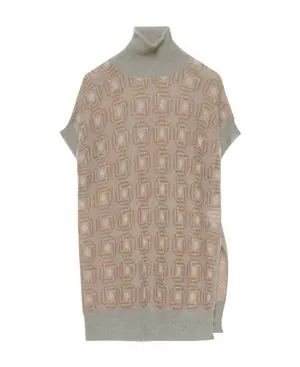Fabiana Filippi Ribbed Knitted Short-sleeved Sweater With High Collar And Patterned Design
