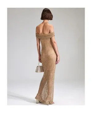 SELF-PORTRAIT Embellished Off-shoulder Fishnet Maxi Dress