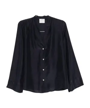 FORTE_FORTE Pleated V-neck Long Sleeve Shirt - Black