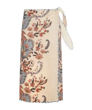 Farm Rio Scalloped Floral Wrap Midi Skirt