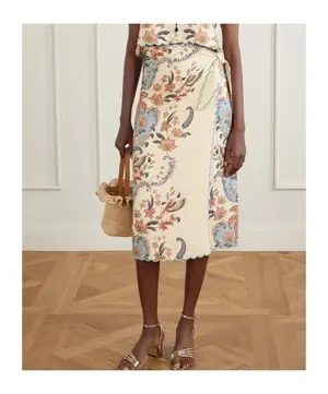 Farm Rio Scalloped Floral Wrap Midi Skirt
