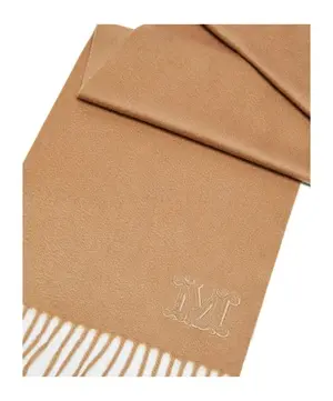 Max Mara Logo Embroidered Fringed Edge Scarf - Camel