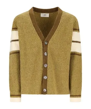 AMI Paris V-neck Cardigan With Striped Sleeves