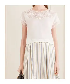 NILI LOTAN Short Sleeve Lace Trim Top - Ivory