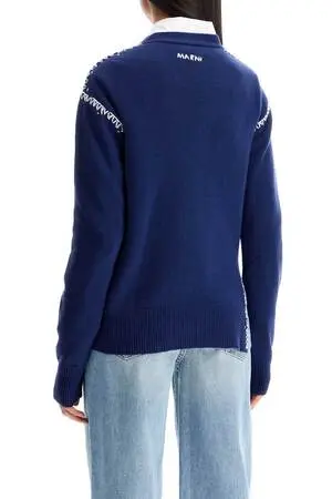 Marni Button-up Knit Cardigan With V-neck And Contrast Stitching - Blue