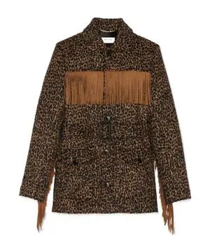 Saint Laurent Leopard Print Fringed Jacket - Black