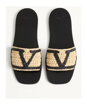 Valentino Garavani Vlogo Raffia Slip-on Sandals - Black