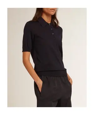 GOLDEN GOOSE Short-sleeved Knitted Polo Top With Logo Patch - Black