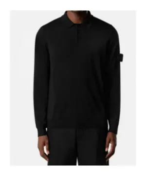 Stone Island Logo Patch Long Sleeved Polo Shirt - Black