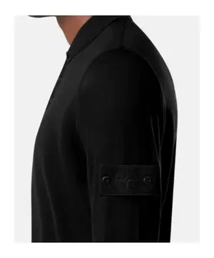 Stone Island Logo Patch Long Sleeved Polo Shirt - Black