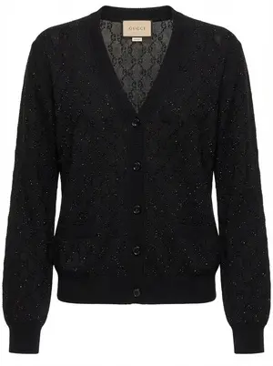 Gucci V-neck Knit Cardigan With Gg Crystal Embroidery - Black