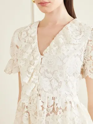 Rixo Lace Embellished Ruffled V-neck Top - White