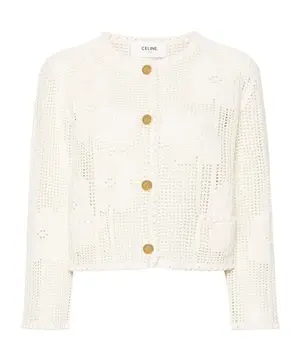 Celine Crocheted Cotton Cardigan Jacket With Floral Motif - Off White