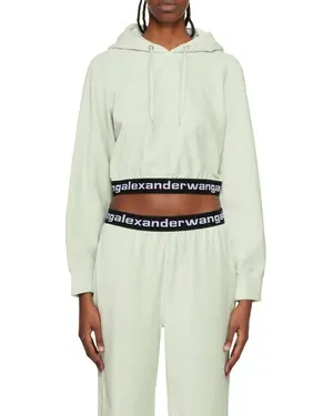 Alexander Wang Fine-ribbed Cropped Hoodie With Logo Waistband - Green