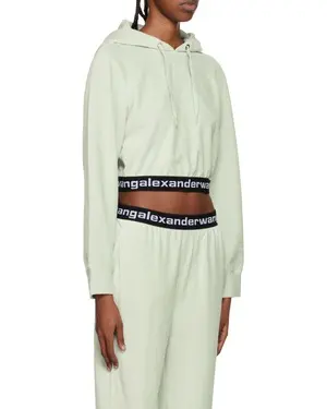 Alexander Wang Fine-ribbed Cropped Hoodie With Logo Waistband - Green