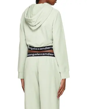 Alexander Wang Fine-ribbed Cropped Hoodie With Logo Waistband - Green