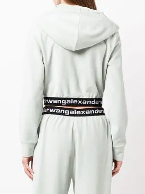 Alexander Wang Fine-ribbed Cropped Hoodie With Logo Waistband - Green