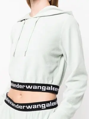 Alexander Wang Fine-ribbed Cropped Hoodie With Logo Waistband - Green