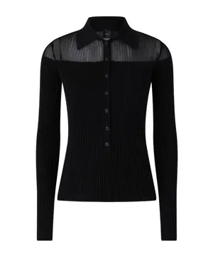 Pinko Ribbed Long-sleeved Polo Shirt With Semi-sheer Insert - Black
