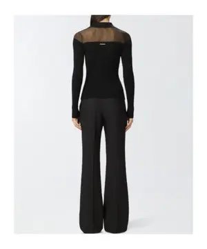 Pinko Ribbed Long-sleeved Polo Shirt With Semi-sheer Insert - Black