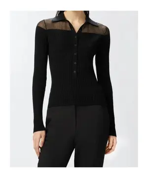 Pinko Ribbed Long-sleeved Polo Shirt With Semi-sheer Insert - Black