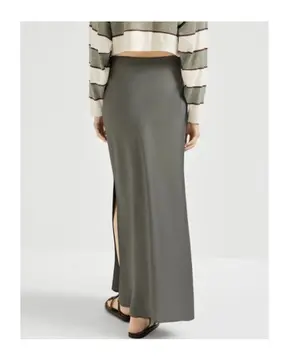 Brunello Cucinelli Satin Cady Maxi Skirt With Side Slits - Olive