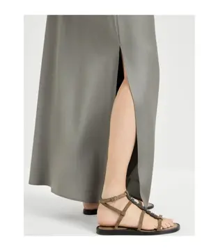 Brunello Cucinelli Satin Cady Maxi Skirt With Side Slits - Olive