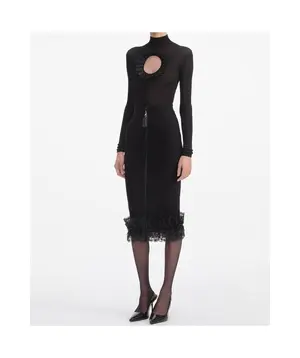SELF-PORTRAIT Ruffled Knitted Midi Dress With Exposed Zipper