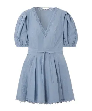Ulla Johnson Camilla Belted Embroidered Cotton-chambray Mini Dress - Blue