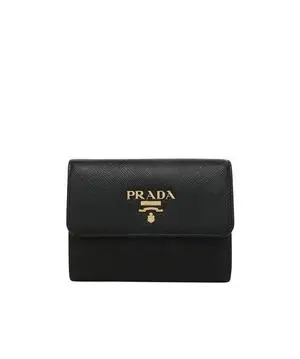 Prada Logo Plaque Tri-fold Wallet - Black