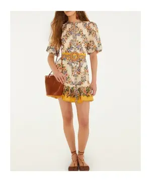 Farm Rio Hilo Stripes Sand Floral Mini Dress - Nude
