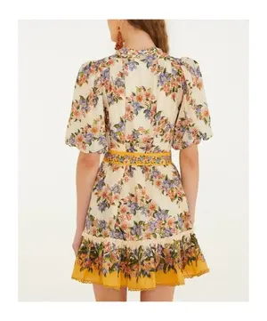 Farm Rio Hilo Stripes Sand Floral Mini Dress - Nude