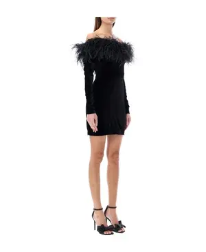 Alessandra Rich Velvet Mini Dress With Feather Trim
