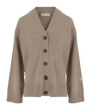 Tory Burch V-neck Cardigan With Ribbed Cuffs And Hem - Nude