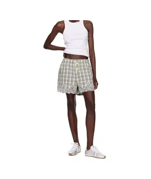 Martine Rose Seersucker Checkered Shorts With Lace Trim