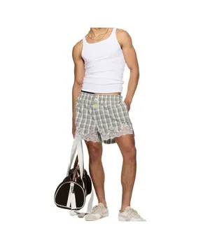 Martine Rose Seersucker Checkered Shorts With Lace Trim