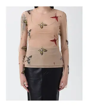 Blumarine Sheer Butterfly Embroidered Long Sleeve Top - Nude