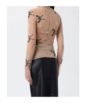 Blumarine Sheer Butterfly Embroidered Long Sleeve Top - Nude
